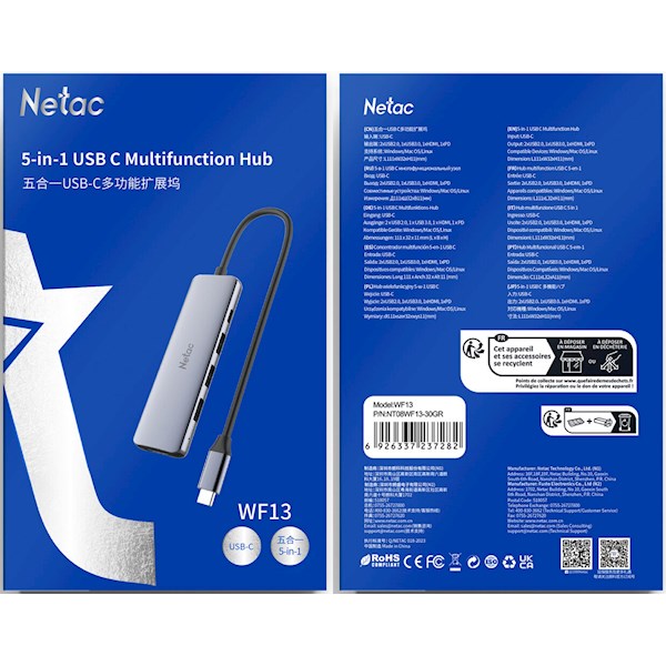 USB ჰაბი Netac NT08WF13-30GR WF13, USB, USB-C, HDMI, Hub, Gray ...